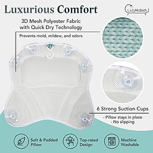Lady McBath Bath Pillow - Luxury Bath Pillows for Tub Neck and Back Support - Powerful Suction Cups, Machine Washable Bathtub Accessory for Relaxation (Turquoise)