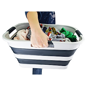 SAMMART 30L(8 gallon) Collapsible Plastic Laundry Basket - Foldable Pop Up Storage Container/Organizer - Space Saving Hamper/Basket - Water Capacity 24L(6.3 gallon) (1, Grey/Slate Grey)