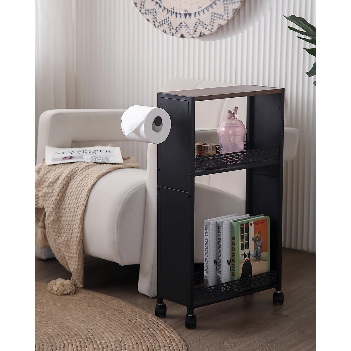 OhuaCason Toilet Paper Holder Stand for Small Bathroom Storage:Skinny Bathroom Storage Cabinet for Small Spaces Tiny Apartment