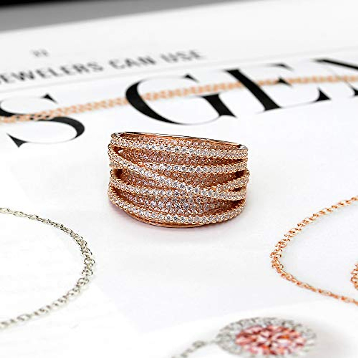 DoubleAccent 925 Sterling Silver Ring 14K Gold or Rose Gold Plated Crisscross Intertwined Design CZ Stone Beautiful Pave Ring 15mm, 5