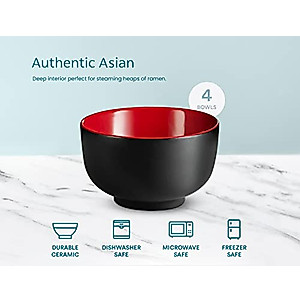 KooK Ceramic Japanese Noodle Bowl Set, Large Capacity, For Ramen, Udon, Soba, Pho and Soup, Microwave and Dishwasher Safe, 34 oz, Set of 4 (Black/Red)