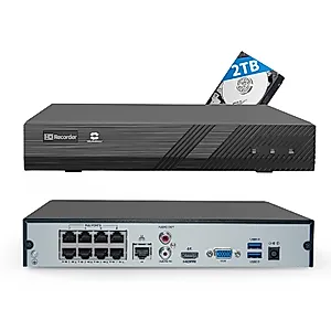 GWSECU 4K 8 Channel PoE NVR with 2TB HDD, H.265 3MP/4MP/5MP/6MP/8MP 8CH Network Video Recorder, Supports up to 8X 8MP/4K IP Cameras, 1 SATA Ports Up to 10 TB, Remote Access, NVR8P-2T