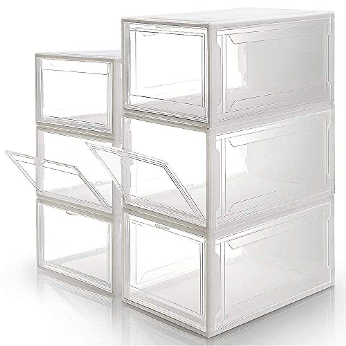 Homde Shoe Boxes Stackable Shoe Storage Rack White Frame with Clear Drawer, 3 Pack Large Size and 3 Pack X-Large Size