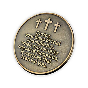Footprints in The Sand Coin, Resting and Peace, Antique Gold Plated Christian Challenge Coin. During Your Times of Trial and Suffering, I Carried You. I Will Give You Rest, Matthew 11:28 Gift