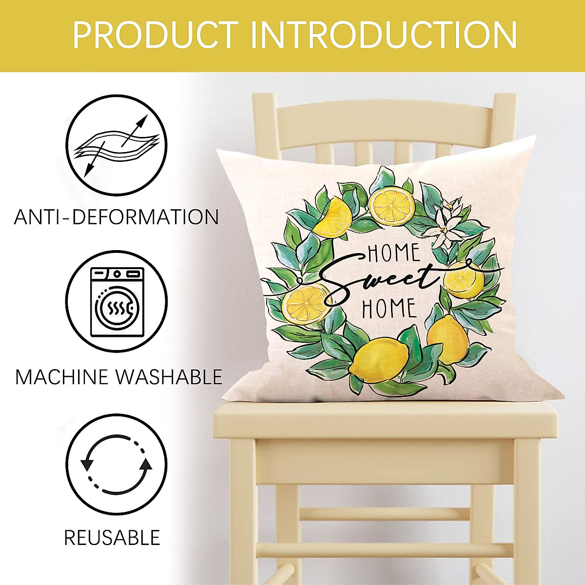 Fjfz Hello Summer Lemon Decorative Throw Pillow Cover 18 x 18 Set of 4, Bicycle Black White Buffalo Plaid Check Stripes Porch Outdoor Home Decor, Home Sweet Home Wreath Farmhouse Couch Cushion Case