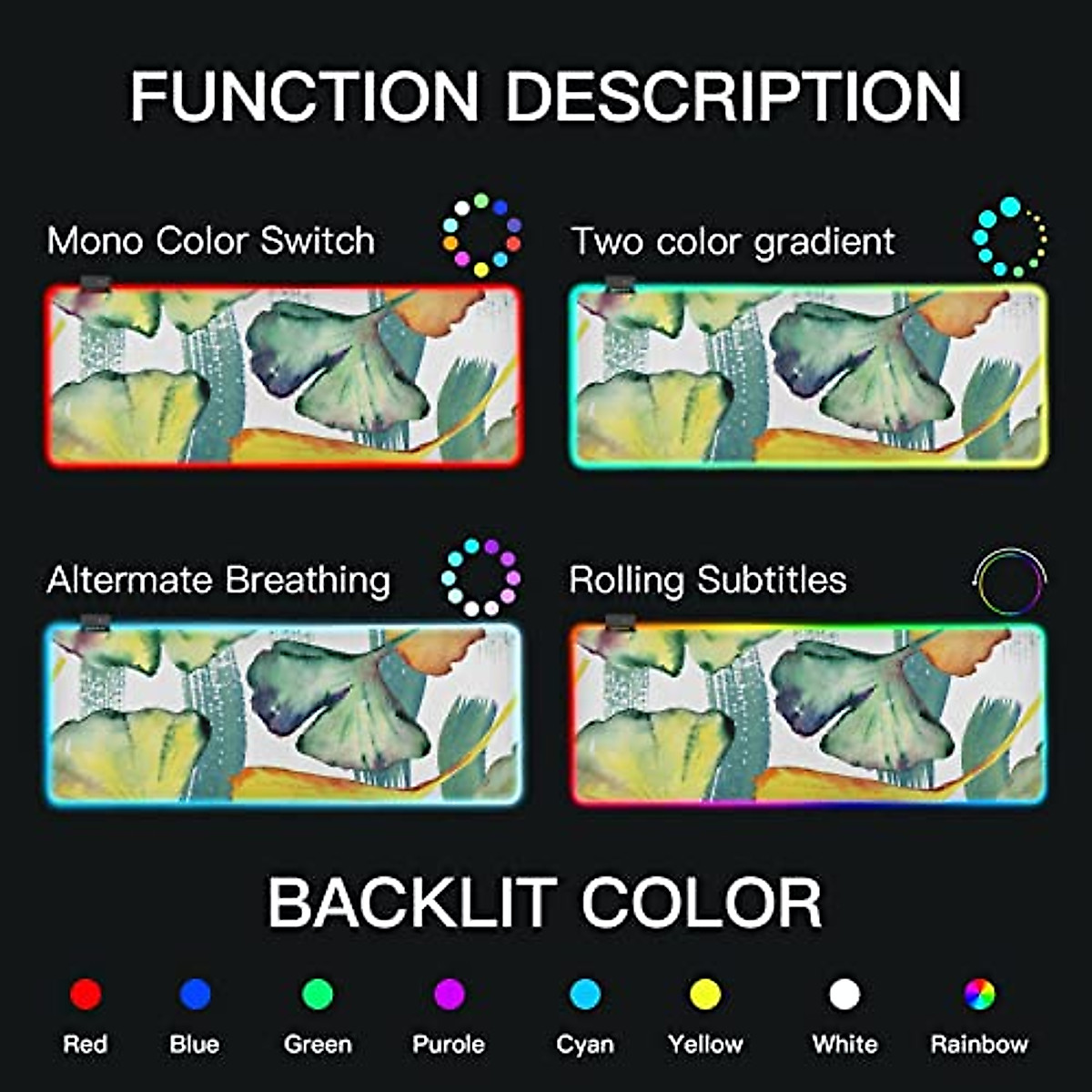 Large RGB Gaming Mouse Pad Ginkgo Biloba Leaves Pattern Glowing Extended Mousepad 35.4x15.7in, Soft Anti-Slip Rubber Base Luminous Mouse Mat for Pc Laptop, Gaming, Office, Home