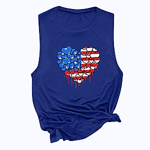 Womens American Flag Tops July 4th Sleeveless/Short Sleeve Tie Dye Print T-Shirt Casual Independence Day Patriotic Tees Blue