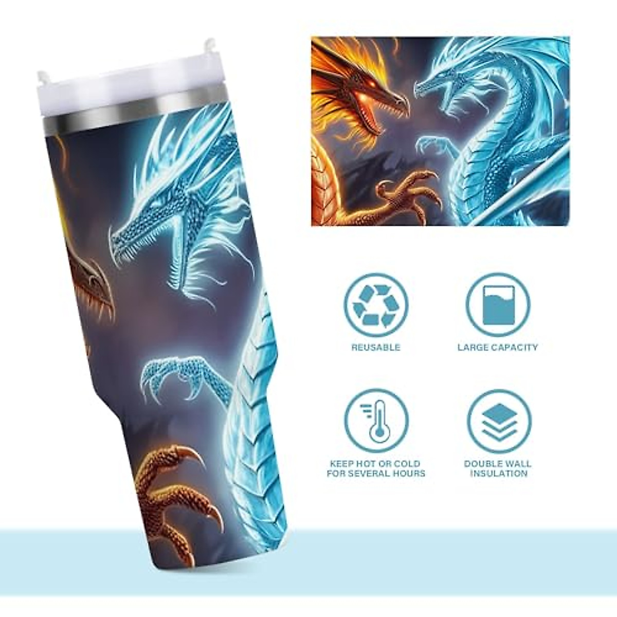 ODAWA Double Insulated Tumbler Large with Handle and Straw Lid, Fiery Dragon Icy Dragon Fall Insulated Tumbler