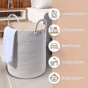 Woven Cotton Rope Basket Laundry Hamper with Dust Cover, Multi-Functional Storage for Clothes, Blankets, Toys, for Nursery, Bathroom, Bedroom, Dorms - Collapsible, Large, 14”x14”x17”, White