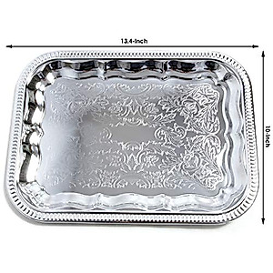 Maro Megastore (Pack of 4) 13.4-Inch x 10-Inch Oblong Rectangular Trim Victoria Flower Engraved Chrome Plated Serving Plate Mirror Tray Platter Tableware Candle Deco Art Holiday Party(Small) T227s-4pk