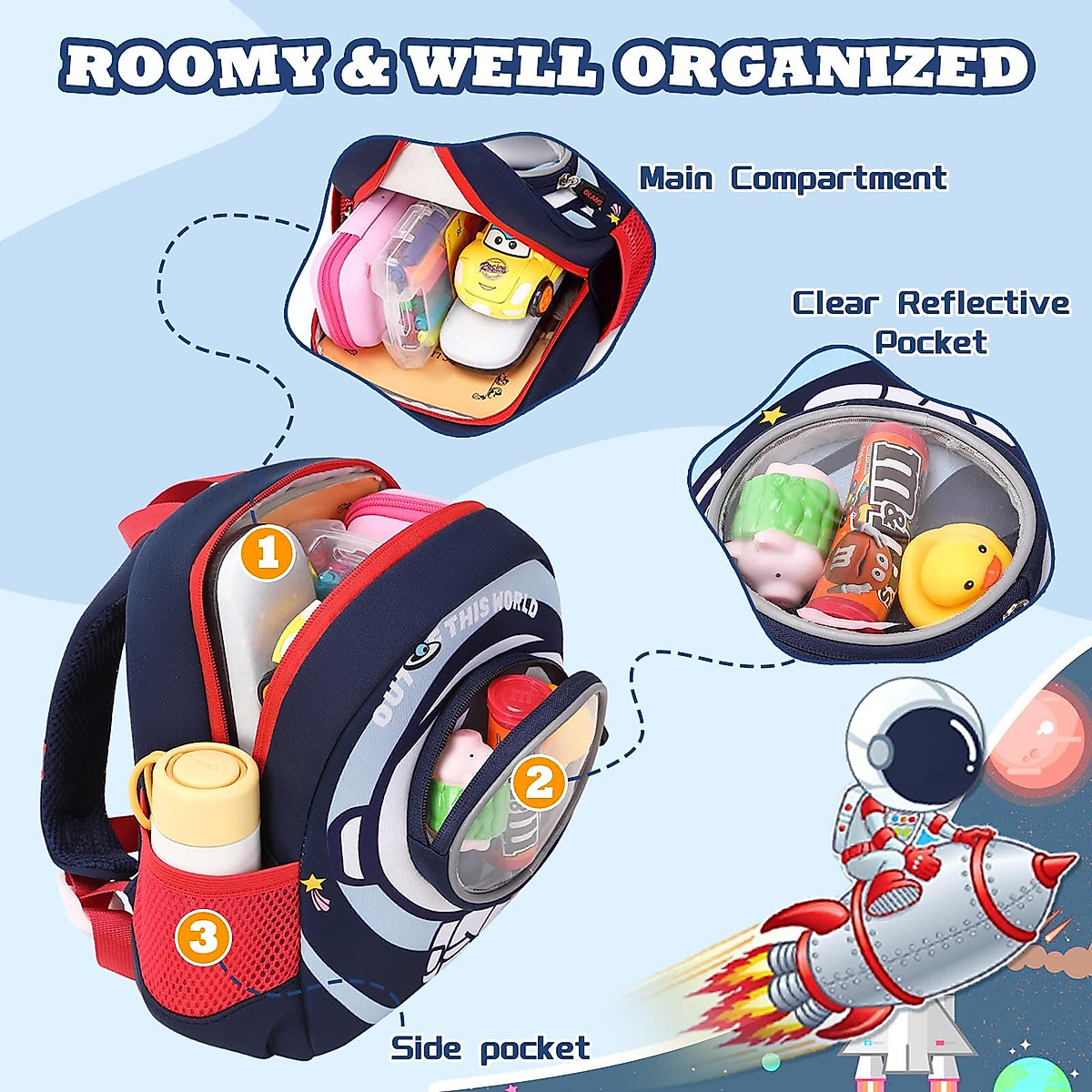 MUSEVOS Toddler Backpack, Neoprene Preschool Backpack for Kids Cartoon Baby Backpack with with Anti-lost Safety Leash for Daycare Outdoor