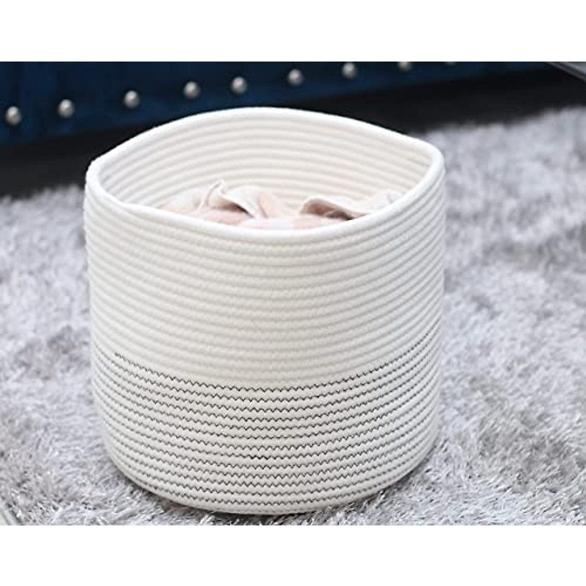 Lorfa Cotton Rope Storage Basket - Woven Laundry Baskets for Blanket, Baby Toy Storage Basket with Hidden Handle, Nursery Basket, 12 By 11 inch (12X11 inch , Grey Line)