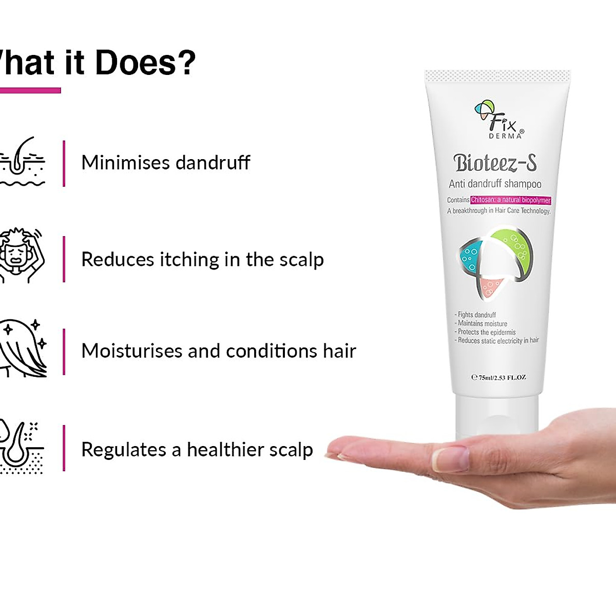 FIXDERMA 2% Salicylic Acid Bioteez-S Shampoo with 1% Zinc Pyrithione & Tea Tree Oil | Anti Dandruff Shampoo | Sulphate & Paraben free Shampoo - 2.65 Fl Oz