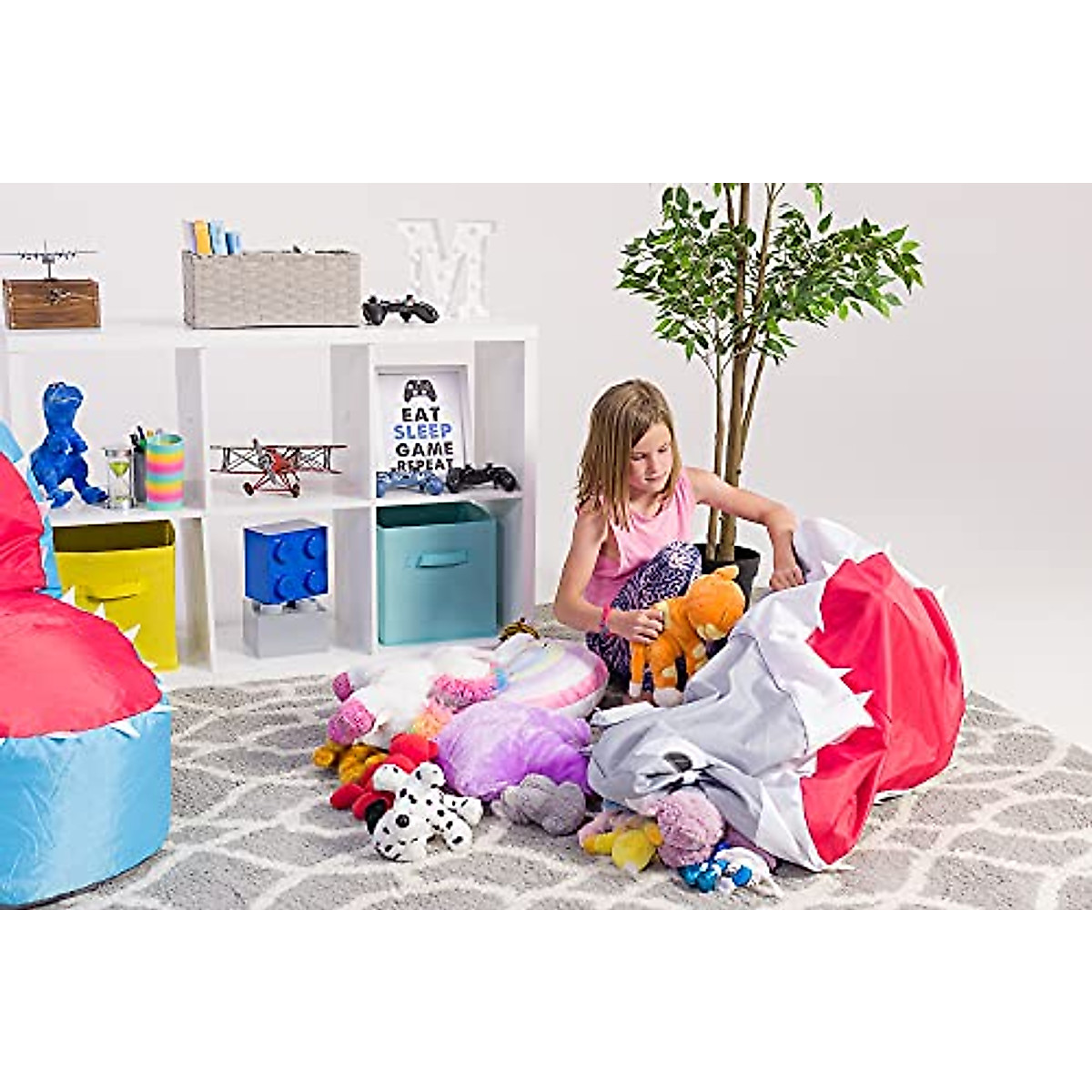 Posh Creations Stuffed Animal Chair for Kids, Toy Organizer, Cover Large 30" Children's Bean Bag, White Shark
