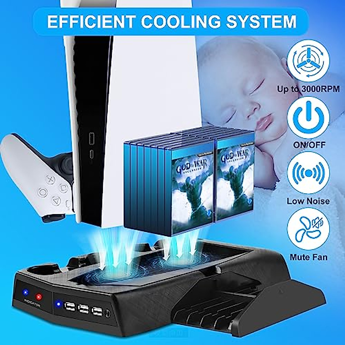 PS5 Charging Station with Cooling Fan, DualSense Controller Vertical Stand Dock for PS5 Console and Digital Edition, 3 USB Ports Retractable 14 Game Slots Storage Bracket for PlayStation 5 Accessories
