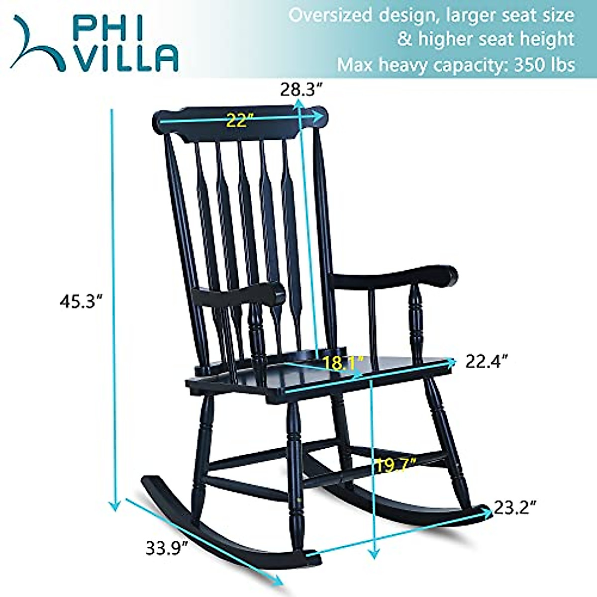 PHI VILLA Outdoor Wood Rocking Chair, Oversized Acacia Wood Slat Back Rocker Chairs for Patio, Deck, Balcony, Porch and Indoor, 30° Safe Recline Support 350 lbs - Black
