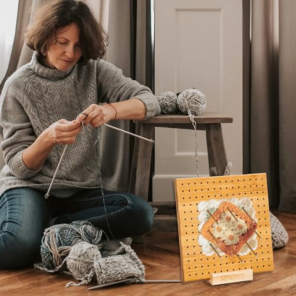 Crochet Blocking Board, Granny Square Blocking Board with 12 Stainless Steel Rod Pins, Gifts for Mothers & Grandmothers & Knitting and Crochet Lovers （Bamboo, 7.8"）