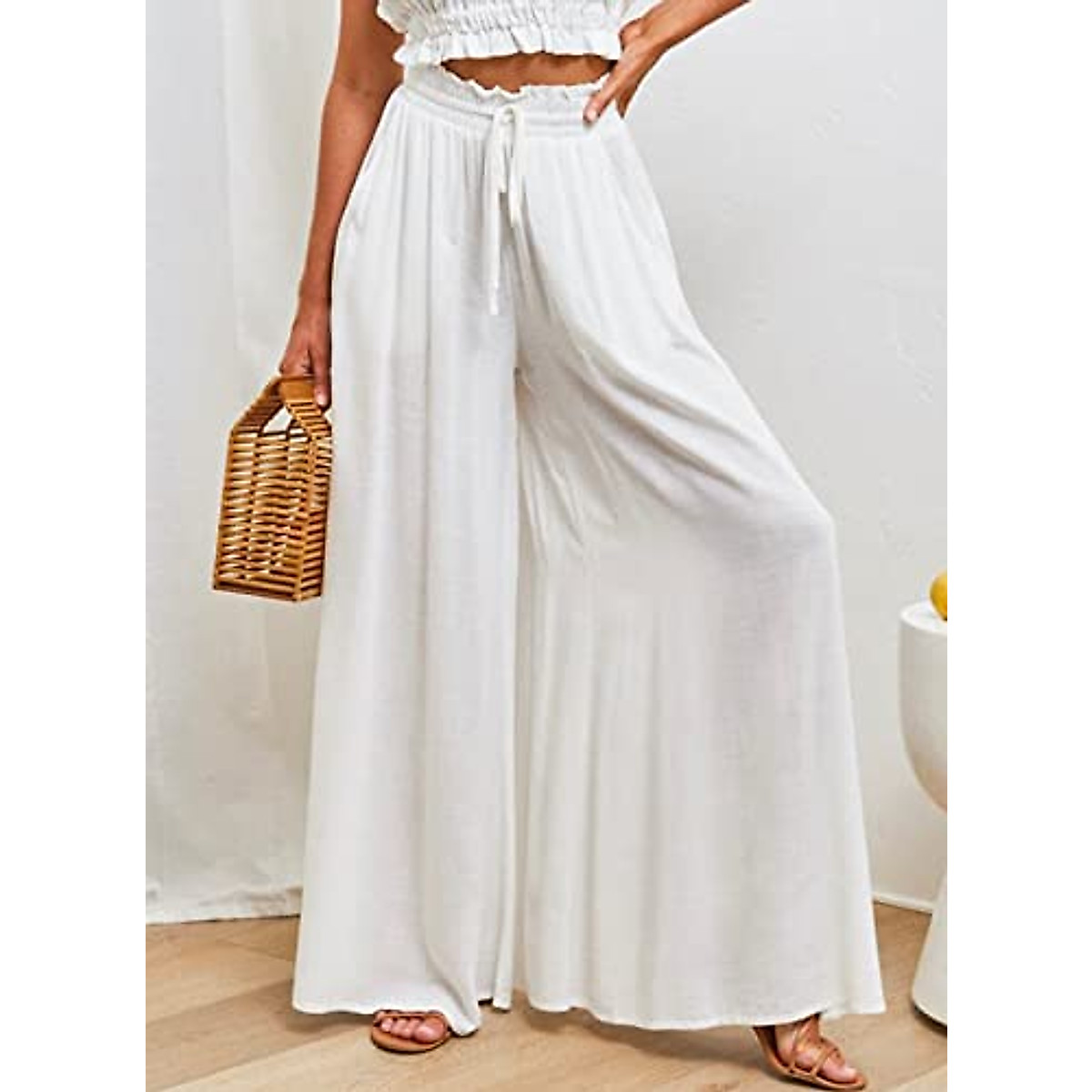 EVALESS Women's Comfy Wide Leg Pants Casual Drawstring Elastic Waist Lounge Culottes with Pockets White X-Large