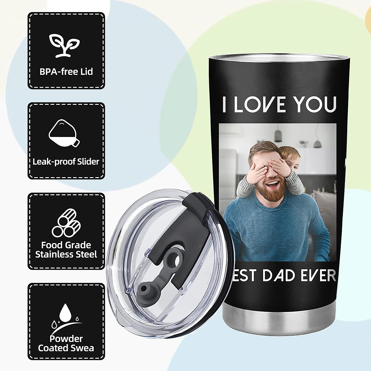 Personalized Picture Tumbler Insulated Coffee Cup Gift for Christmas Birthday to Dad Mom Families Friends,Custom Photo Image & Text Travel Mug, Multi Color