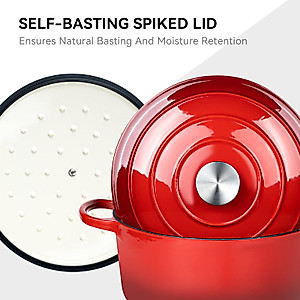 Miereirl 6 QT Enameled Dutch Oven Pot with Lid, Cast Iron Dutch Oven with Dual Handles for Bread Baking, Cooking, Non-stick Enamel Coated Cookware (Red)