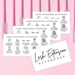 Lash Aftercare Extension Care Cards | 50 Pack | Eyelash False 2 x 3.5” inches Symbols 2-3 Week Refill Instructions Minimalist Gold foil Appearance Pink White and Black How to Care for Your Extensions