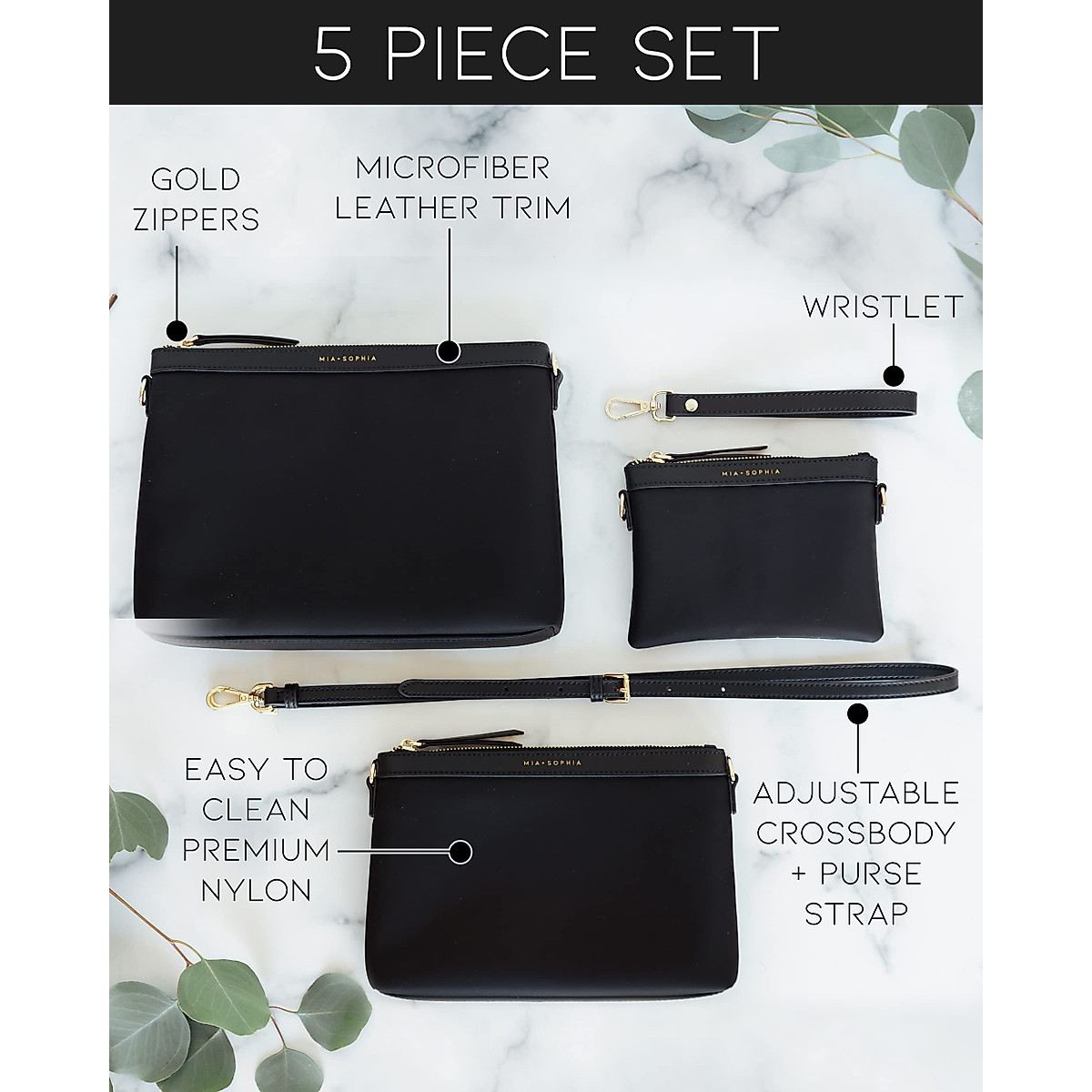 MIA + SOPHIA Diaper Bag Organizing Pouches 5 Piece Set - Baby Diaper Clutch, Crossbody Bag, Travel Diaper Bag Organizer Pouches - Black