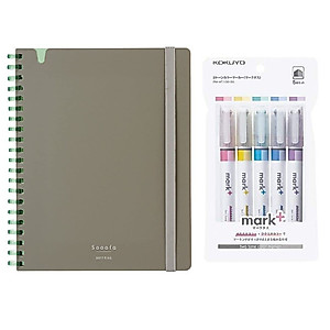 Kokuyo. Kokuyo Soft Ring Notebook in Sooofa in B6 4mm Grid 80 Sheets Warm Gray and Mark⁺ Two Colors Highlighter of Similar Shades 5-Pack (Pink,Blue,Green,Purple and Yellow) Set