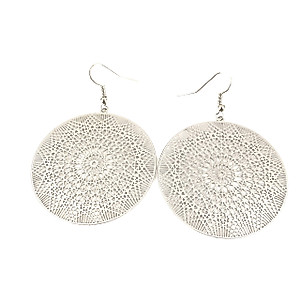 Silver filigree round disc earrings medallion 1 5/8 inches wide very lightweight circle cut out lace pattern