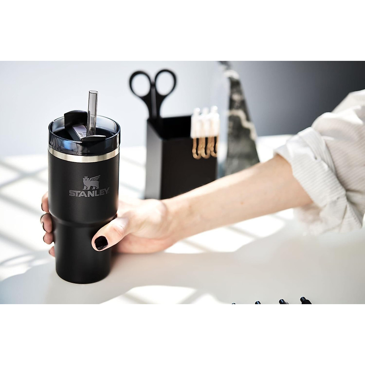 Stanley Quencher H2.0 Tumbler with Straw 14 oz | Flowstate 3-Position Lid | Cup Holder Compatible for Travel | Insulated Stainless Steel Cup | BPA-Free | Black