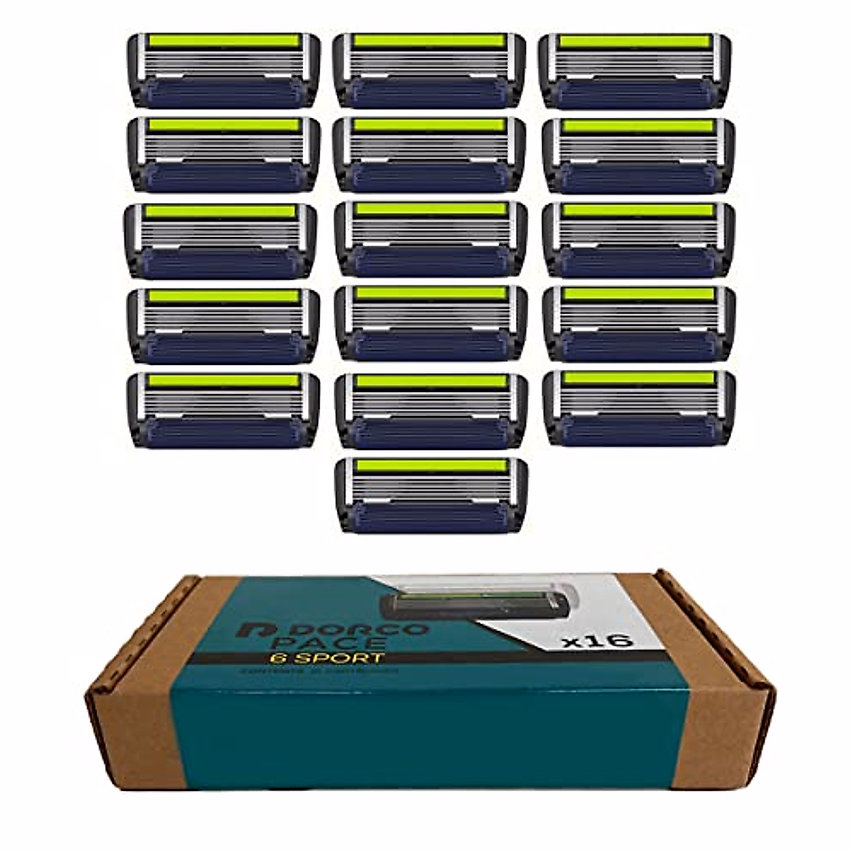 DORCO Pace 6 Sport - Six Blade Razor System with Trimmer and Pivoting Head - 16 Pack Refill (No Handle)