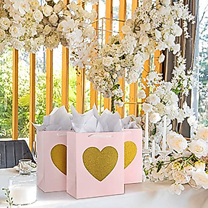 12 Pcs 13" Gift Bag with Tissue Paper Gold Glitter Heart for Wedding Valentine's Day Birthdays Bridal Showers Anniversaries Sweetest Day and More