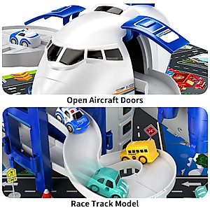 TEMI Kids Airplane Toys Race Tracks Car Toys for 3 4 5 6 7 Boys - Transport Airplane Adventures Car Toys for Toddler Age 2-6 with 8 City Cars, Garage Parking Lot Playmat, Birthday Gifts for Girls