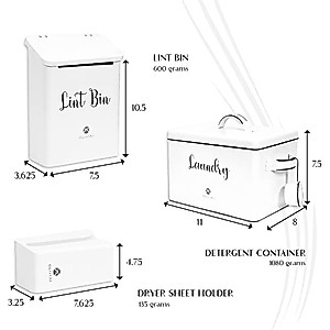 OliKai Laundry Room Organization and Storage Bin 3 Pack Set: Metal Farmhouse Storage Bin Laundry Pods Container Magnetic Lint bin Trash Can and Dryer sheet Dispenser Decorative Storage Organizers with Handle Lids