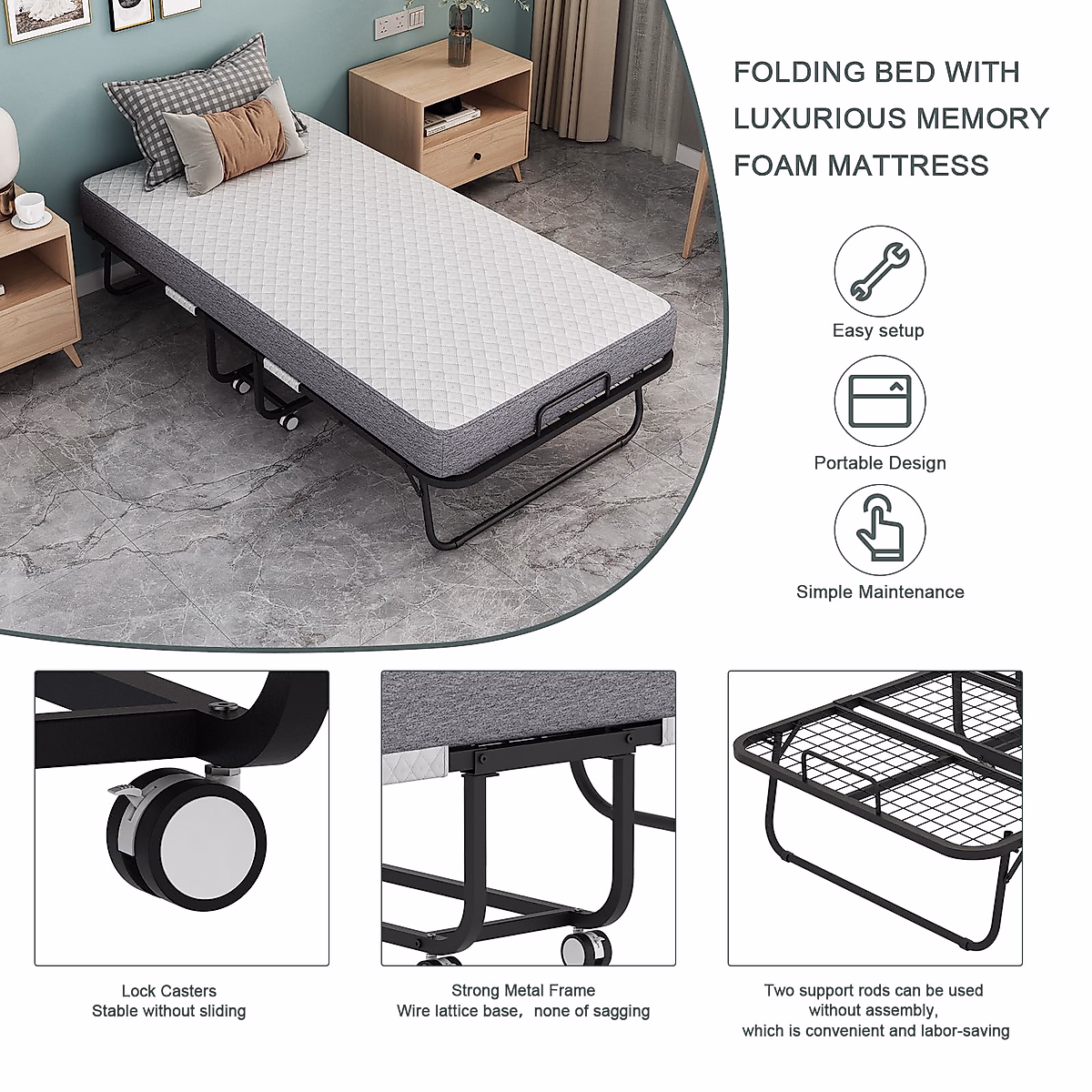 Espsilto Folding Bed with Mattress, Fold up Bed Cot Size 75" x 31" Portable Bed with Memory Foam Mattress, Foldable Bed for Guest, Rollaway Bed for Adults