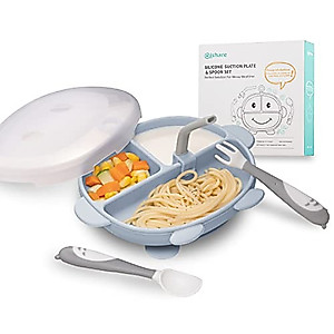Qishare Silicone Suction Plates for Babies & Toddlers - Strong Suction Grip Divided Dish - Self Eating Utensils Set with Straw, Fork, Spoon for Kids - Dishwasher-Safe Toddler Plates (Blue)