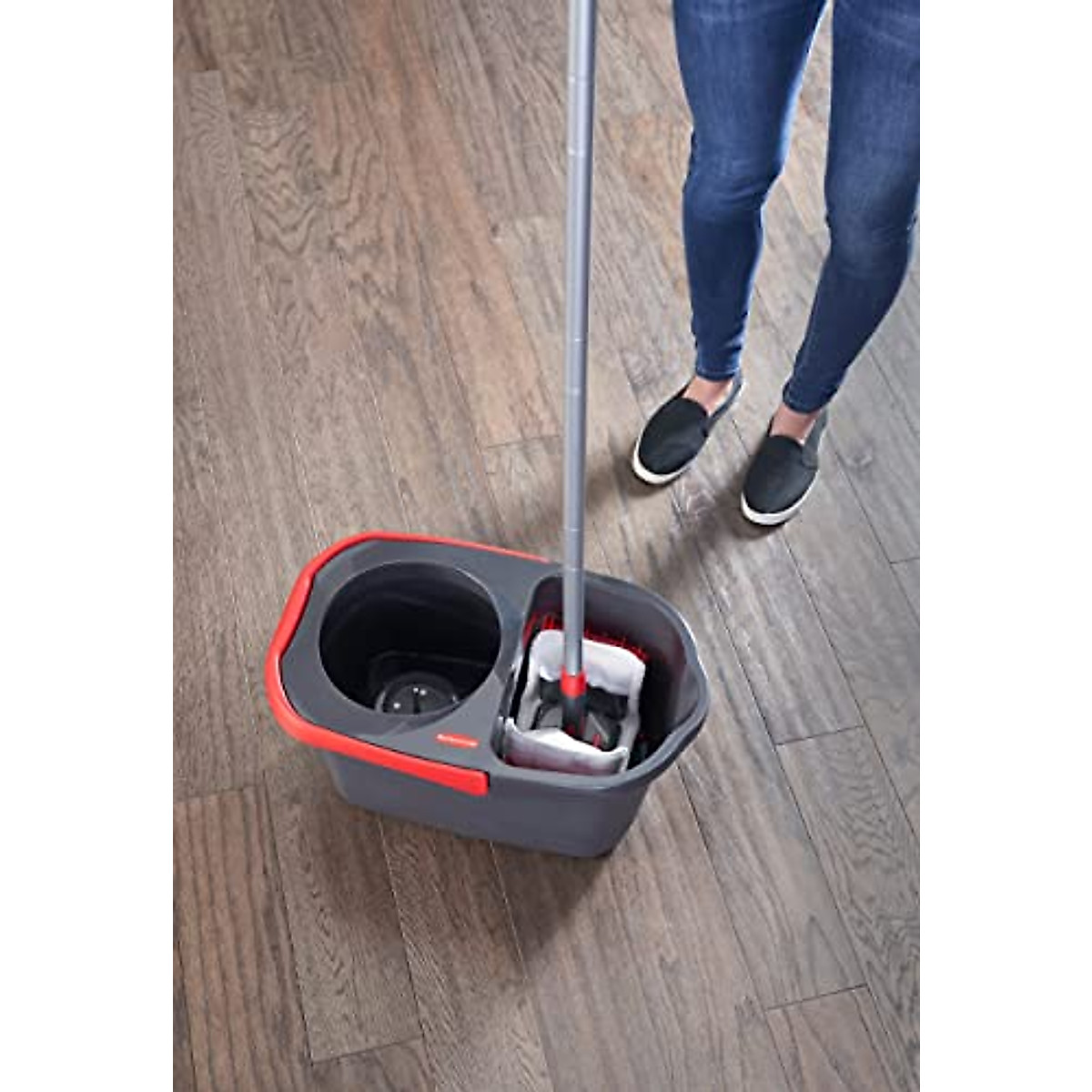 Rubbermaid Microfiber Flat Spin Mop Floor Cleaning System with Wringer Bucket, Red, Flat Floor Mop for Hardwood/Laminate/Vinyl/Tile/Stone Floors