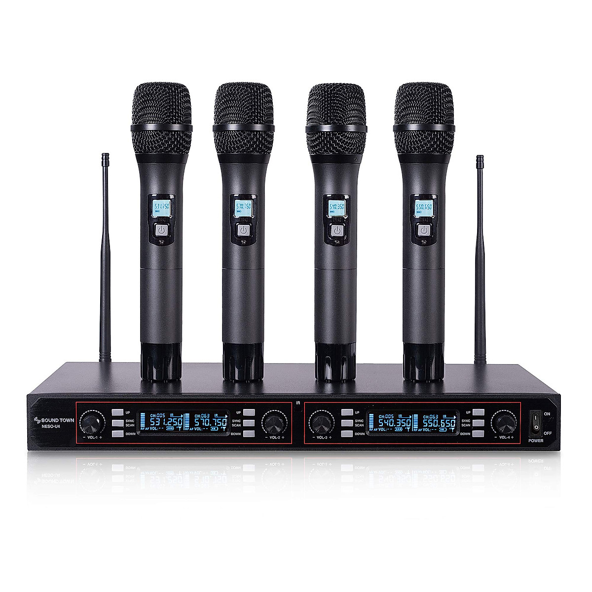 Sound Town 200-Channel Rack Mountable Professional Adjustable UHF Wireless Microphone System with Metal Receiver and 4 Handheld Mics (NESO-U4HH)