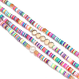 ARATLENCH Heishi Surfer Necklaces Bracelets –Colorful Vinyl Disc Beads Love Necklace Boho Rainbow Stack Stretch Friendship Bracelet Necklaces Set for Women