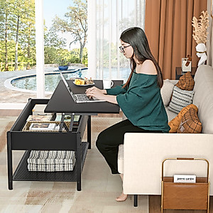 Homieasy Coffee Table, Lift Top Coffee Table with Storage Shelf and Hidden Compartment, Modern Lift Top Table for Living Room, Wood Lift Tabletop, Metal Frame - Black