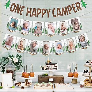 One Happy Camper Photo Banner for Boys Girls 1st Forest Safari Camping Theme Birthday Party Decorations Photo Banner from Newborn to 12 Months Adventure Camping Annual Milestone Photo Banner Supplies