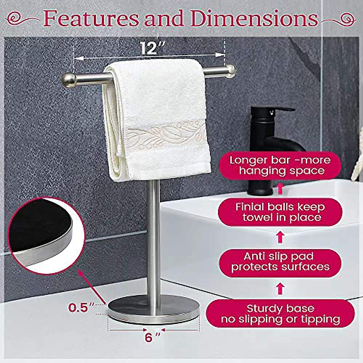 Counter Towel Holder for Bathroom - Extends 11.5” to 19.5” Stainless Steel 304 Fingertip Towel Holder, Anti-Rust Kitchen Countertop Towel Stand, Adjustable Hand Towel Holder Stand for Bathroom