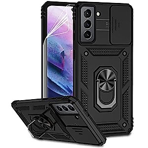 for Samsung Galaxy S21 Case with Camera Lens Cover HD Screen Protector, Dual Layer Military-Grade Drop Tested Magnetic Ring Holder Kickstand Protective Phone Case for Samsung Galaxy S21 5G (Black)