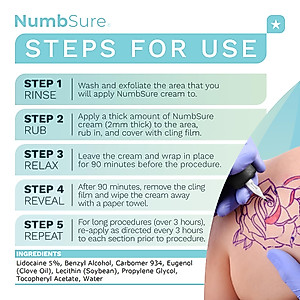 NumbSure 5% Lidocaine Maximum Strength Numbing Cream - For Painless Tattoos, Waxing, Piercings, and Needle Treatments