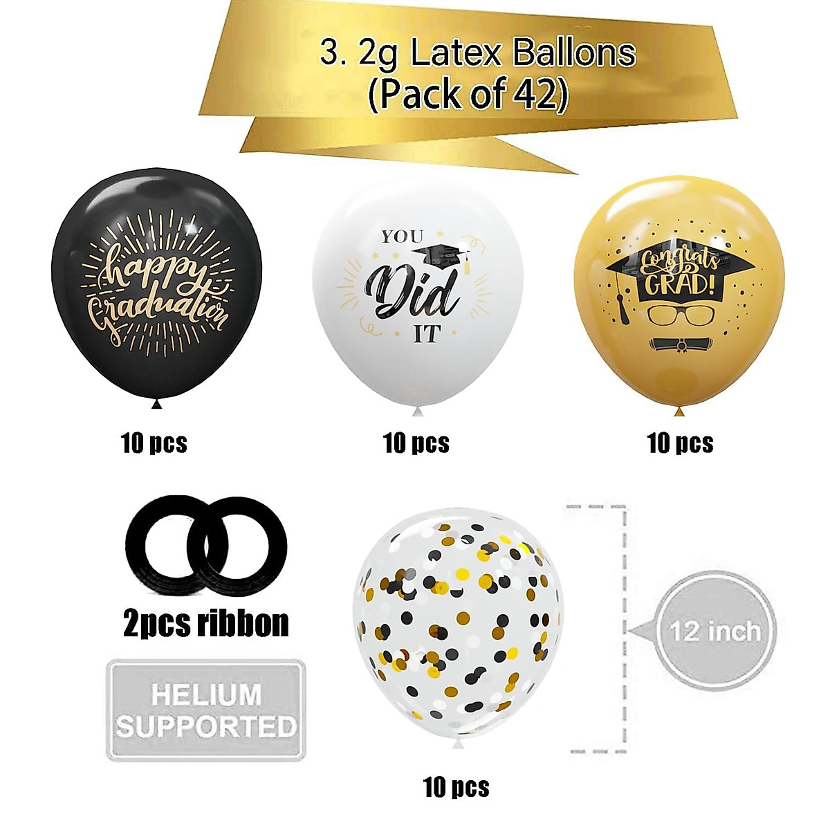 75 Pack Graduation Party Decorations Balloons Set - 12 Inch Black Gold Graduation Balloons with Balloon Ribbons for Graduation Party Decoration Supplies
