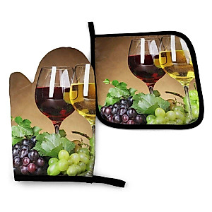 Grape Wine Red and White Oven Mitts and Pot Holders Sets,Heat Resistant Non-Slip Cooking Gloves with Cotton Lining for Kitchen Baking Grilling BBQ