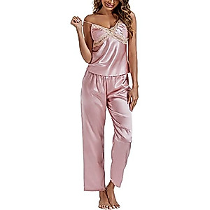 LYANER Women's Satin Silk Pajamas Set V Neck lace Trim Cami Top and Pants Sleepwear Pjs Set Pink Medium