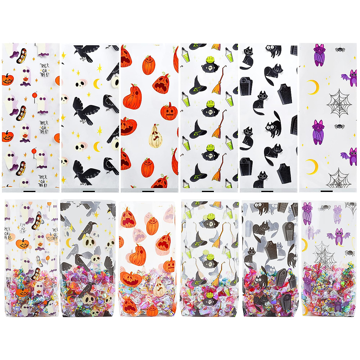 JOYIN 120 Pcs Halloween Cellophane Treat Bags, Halloween Trick or Treat Bags, Clear Plastic Goodie Gift Bags, Halloween Candy Bags for Party Favor Party Supplies