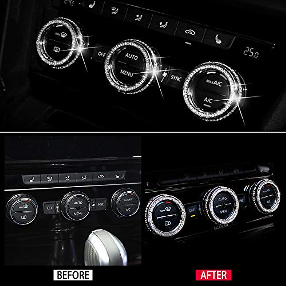 CARFIB Car Interior Bling Accessories for VW Volkswagen Arteon Atlas CC e-Golf Golf Alltrack Golf R Passat Tiguan AC Knobs Control Decals Stickers Cover Parts Men Women Zinc Alloy Crystal Silver 3Pcs