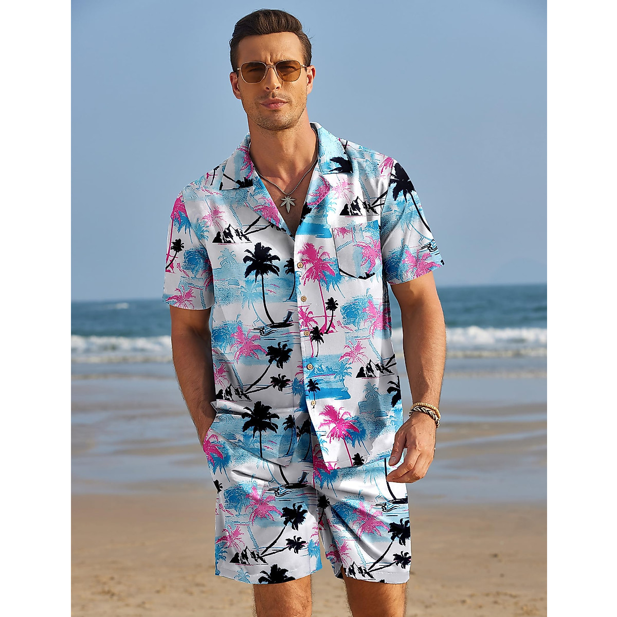 COOFANDY Men's Hawaiian 2 Piece Short Set Cruise Wear Short Sleeve Button Down Shirts and Shorts