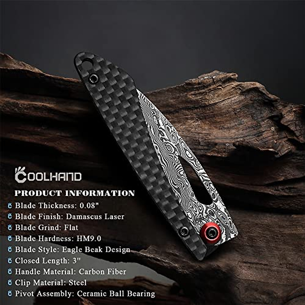 Cool Hand 3'' Super Light Folding Pocket Knife, Liner Lock, 2'' Damascus Blade with Carbon Fiber Scale